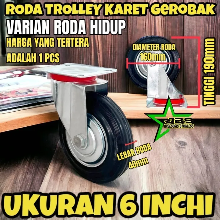 Jual RODA TROLLEY 6" INCH HIDUP (PUTAR) - RODA ETALASE KARET