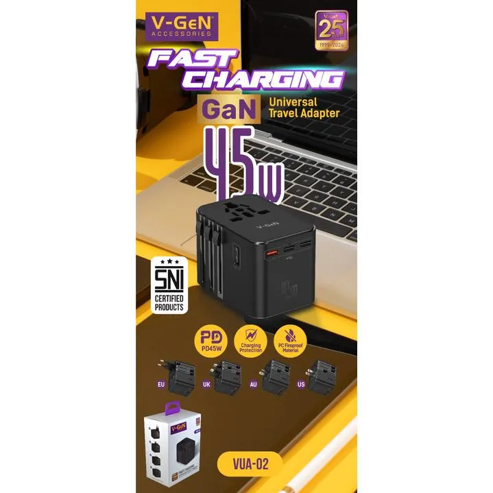 Jual Travel Adapter Universal V-GeN VUA-02 GaN 45Watt SNI Ce